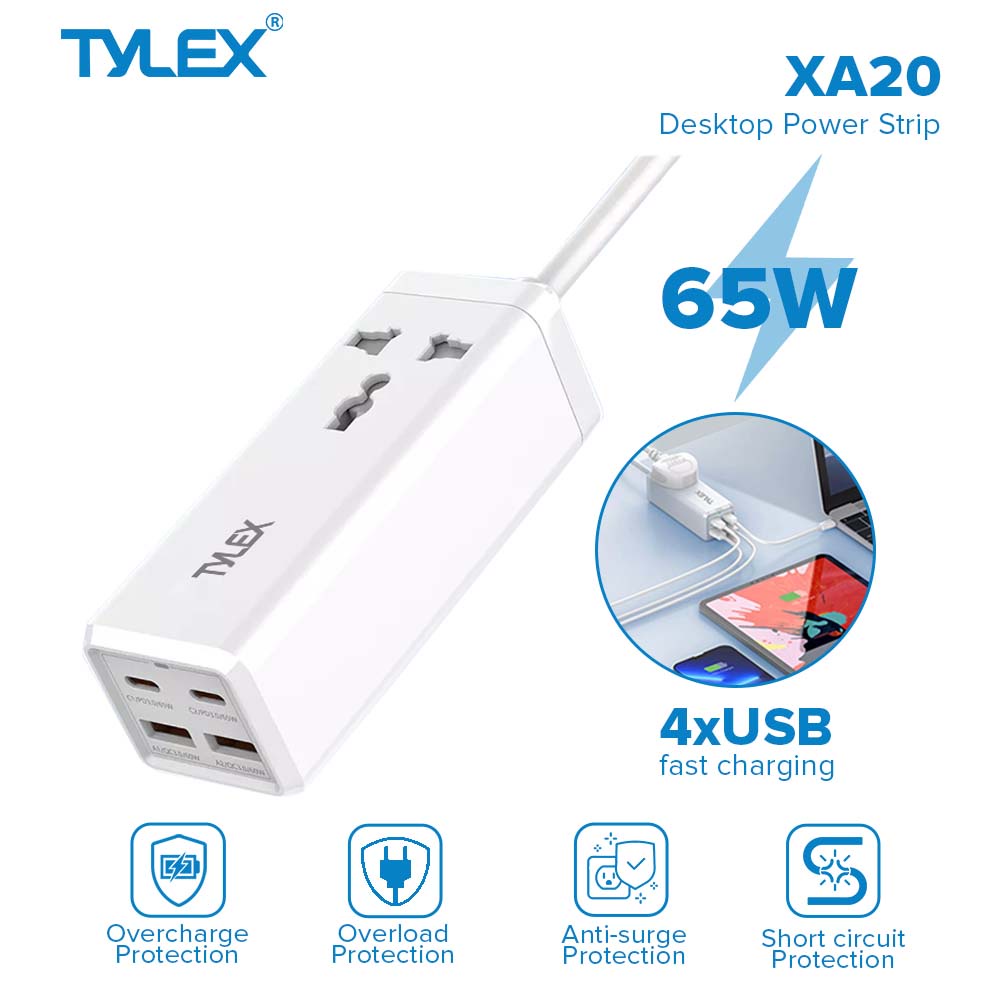 TYLEX XA20 65W Desktop Power Strip Charger Extension Cord Support USB-C ...