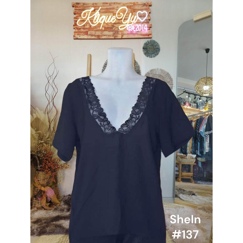 KYU S #137 Black Contrast Lace V Neck Short Sleeves Blouse L | Shopee Philippines