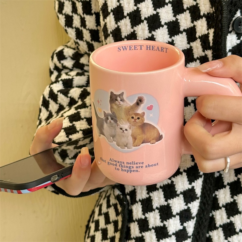 Ceramic Cup Korean Style ins Cream Pink Mug Girl Heart Vintage Cat Cute ...