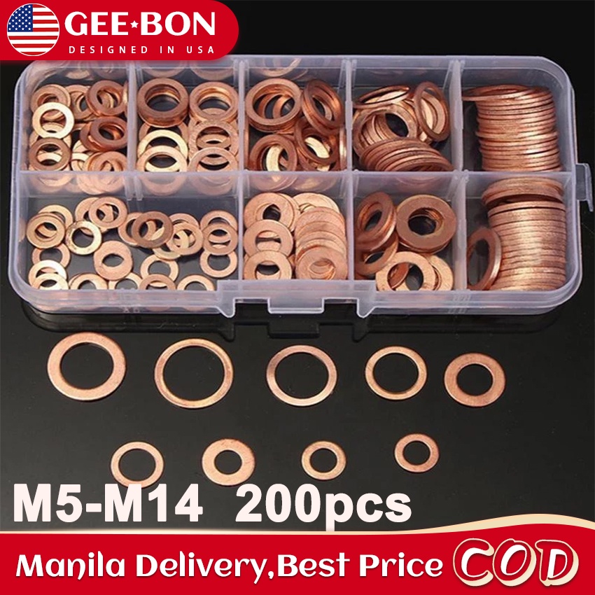 GEEBON Copper Washer Gasket Nut Bolt Set Flat Ring Seal Assortment Kit ...