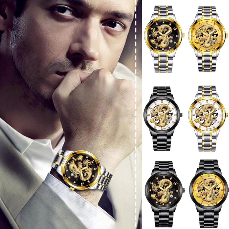 Male watches steel band Men's Watch Waterproof Calendar Chinese Dragon ...