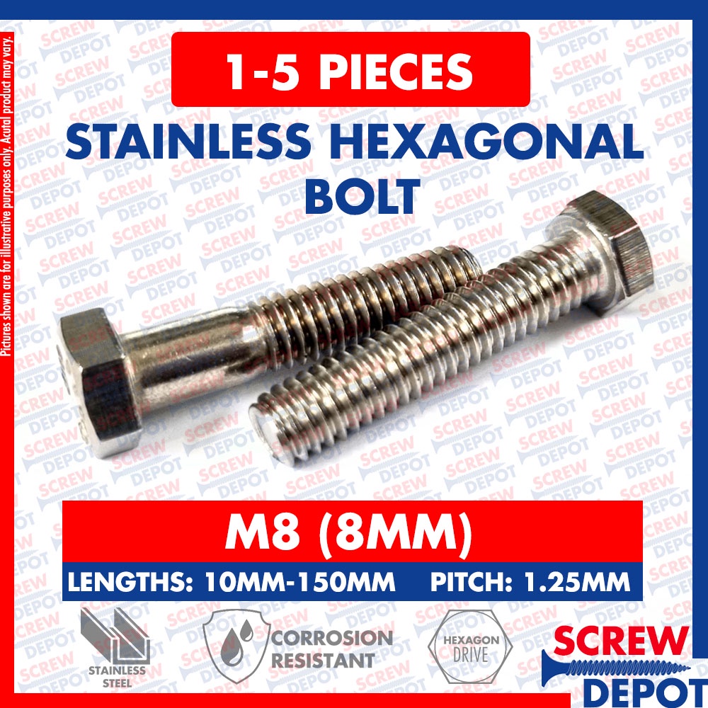 1-5PCS M8 STAINLESS Hex Bolt / SS Hexagonal Bolt / SUS Capscrew / Screw ...
