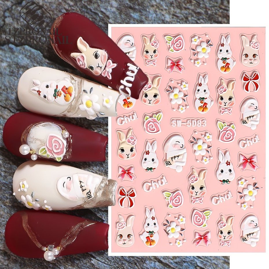 5D Embossed Rabbit Nail Art Stickers Cute Baby Bunny Acrylic Decals ...