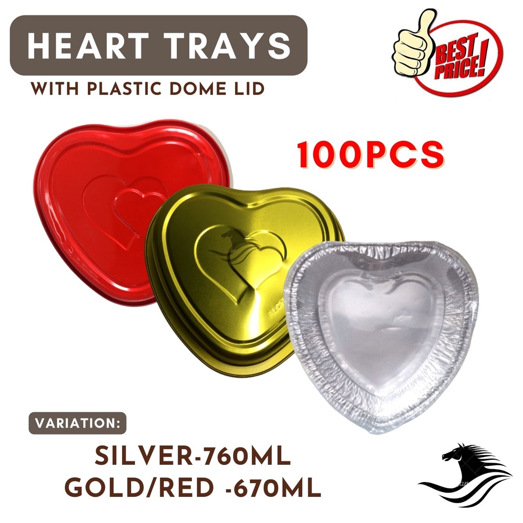 [100pcs] Premium Red / Gold / Silver Heart Trays with Dome Lid Heart ...