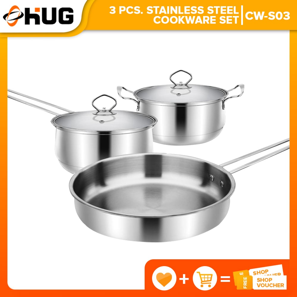 3 pcs. Stainless Steel Kitchenware Cookware Pots and Pan Set | Shopee ...