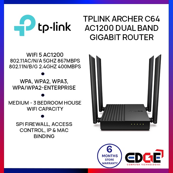EDGE | TPLINK Archer C64 AC1200 Dual Band Gigabit Router | Shopee ...