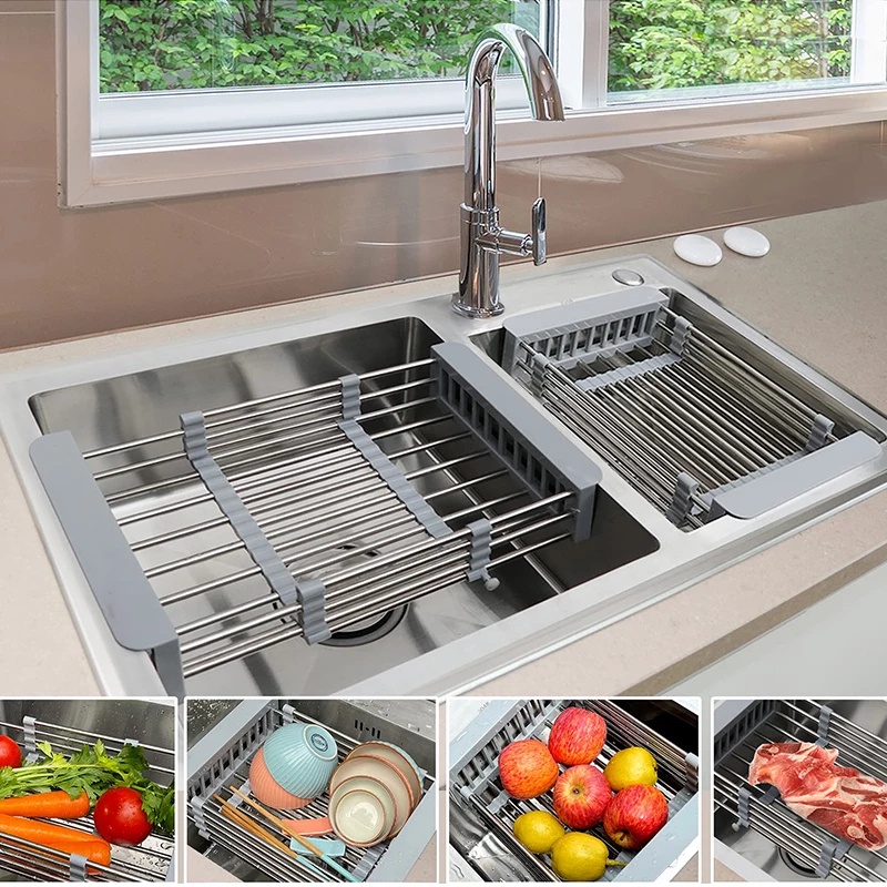 Adjustable Kitchen Stainless Steel Sink Rack Telescopic Sink Dish Rack ...