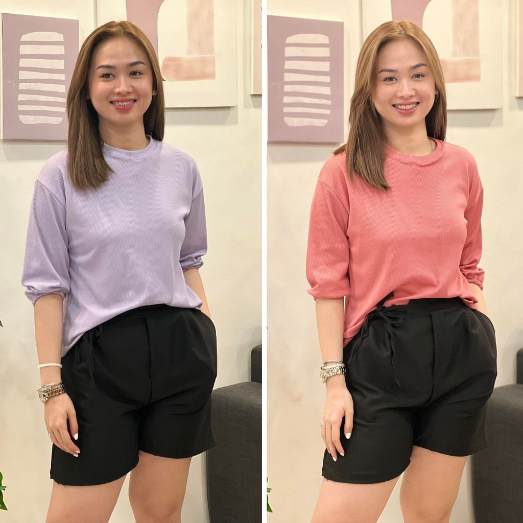 Yaree&Co. Jade Drop Shoulder 3/4 Sleeves Waffle Knit T-shirt Top ...