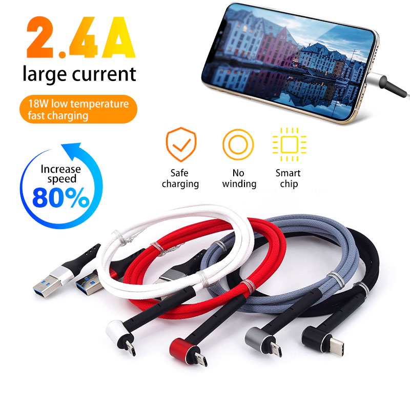 Fast Charge 2.4A 90° Cable Micro USB Type C Gaming Cables 1M with ...