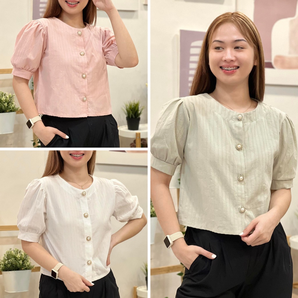Yaree.Co Carina Roundneck Puffsleeves Buttondown Top | Shopee Philippines