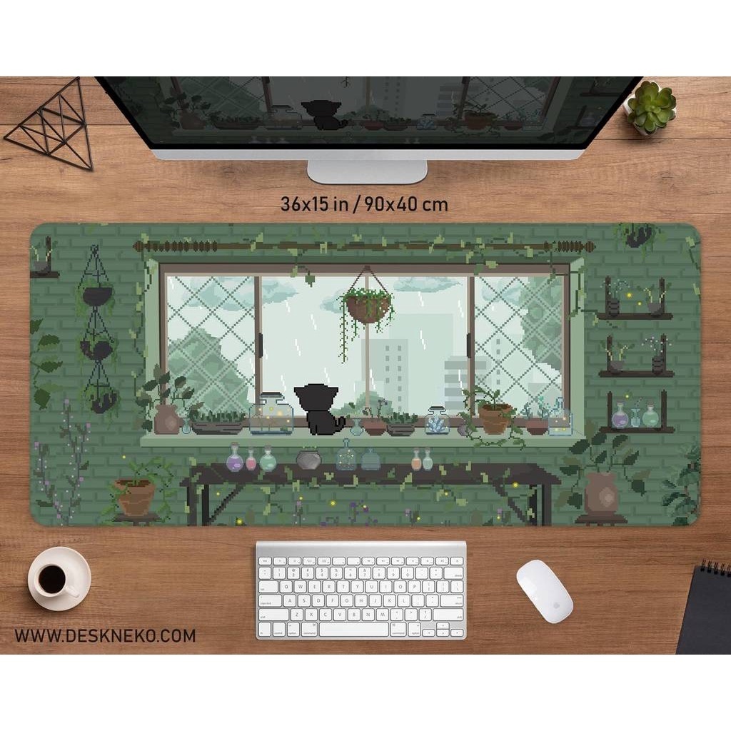 Cute Green Desk Mat, Plant Lover Mousepad Pixel Art, 8bit Anime Lofi ...