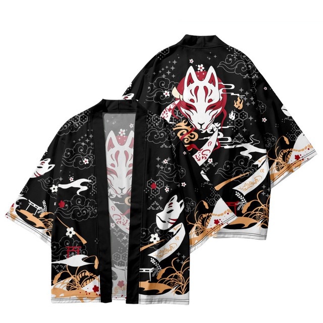 Japanese Inari God Fox Print Black and Red Kimono Cardigan Cosplay ...