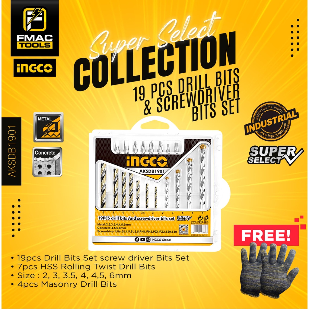 INGCO SUPER SELECT 19 Pcs Drill Bits & Set Screwdriver Bits Set ...