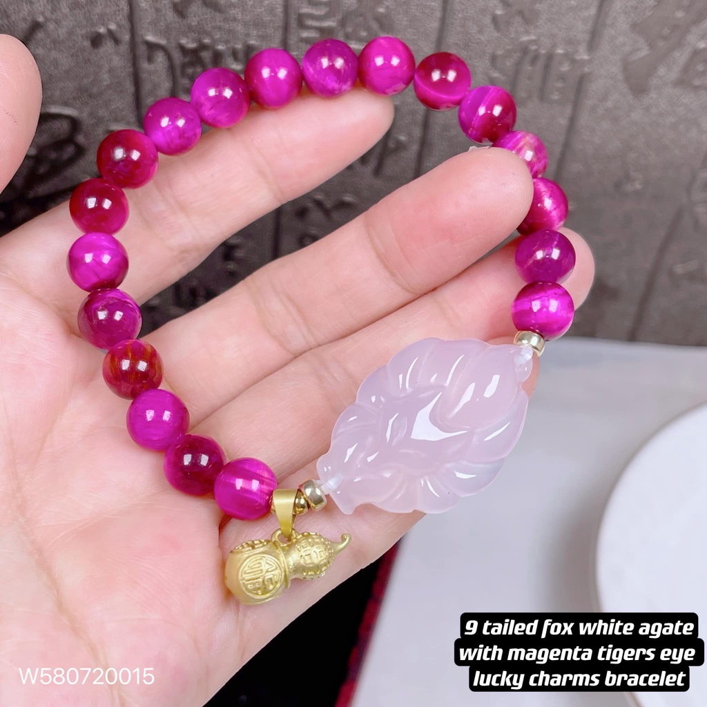 9 tailed fox white agate with magenta tigers eye lucky charms bracelet ...