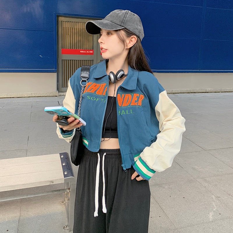 【Ready Stock】 New retro American style Long sleeve cropped top Baseball ...