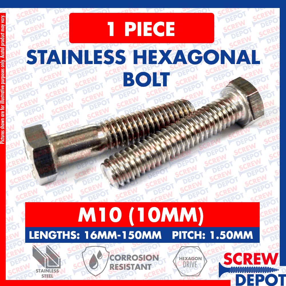 1PC M10 STAINLESS Hex Bolt / SS Hexagonal Bolt / SUS Capscrew Screw ...