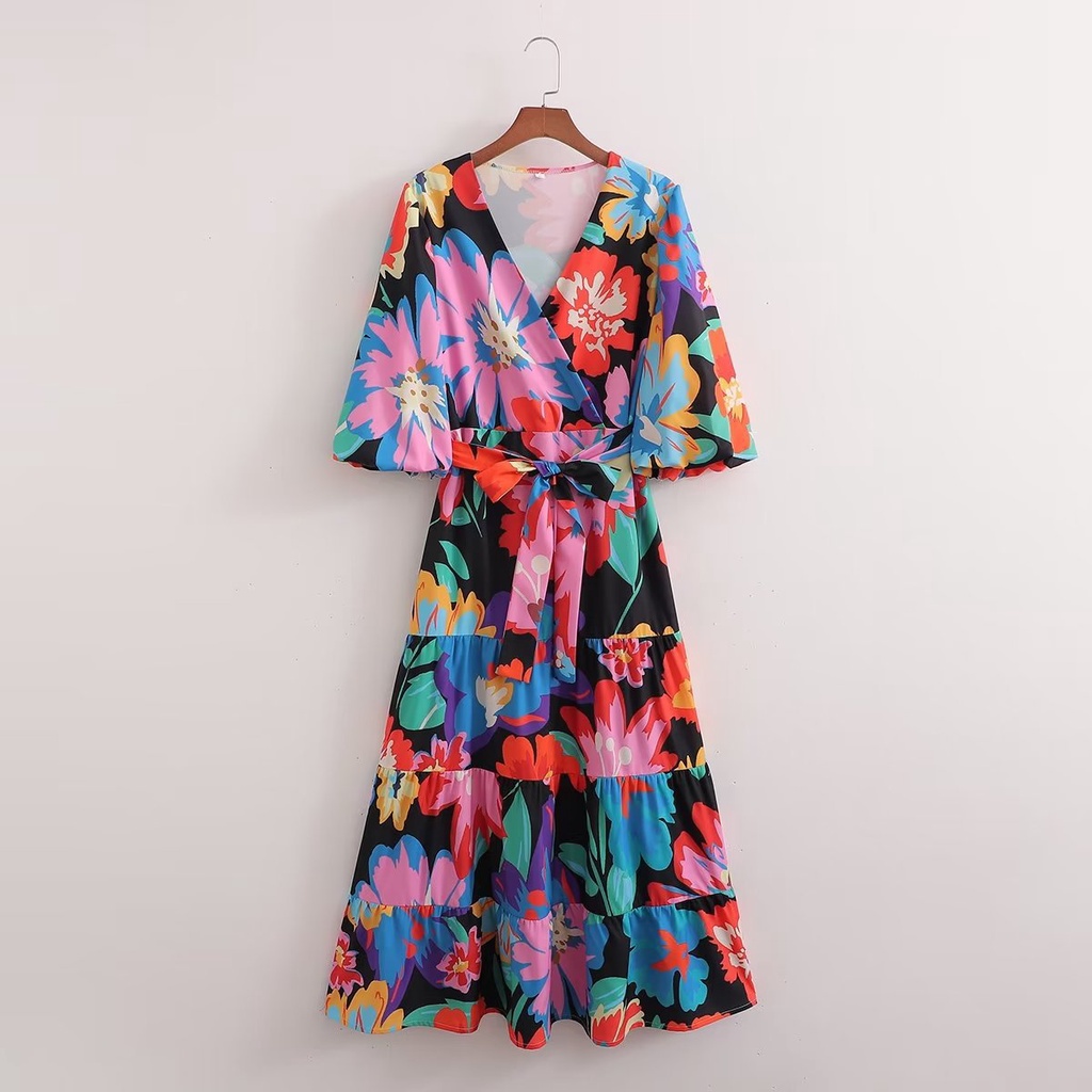 Wholesale V-neck Printing Bishop Sleeve Big Pendulum Dress 6845 ...