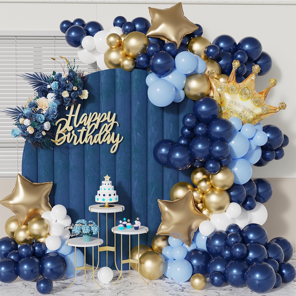 146pcs Crown Balloon Ink Blue Gold White Balloon Combination Birthday ...