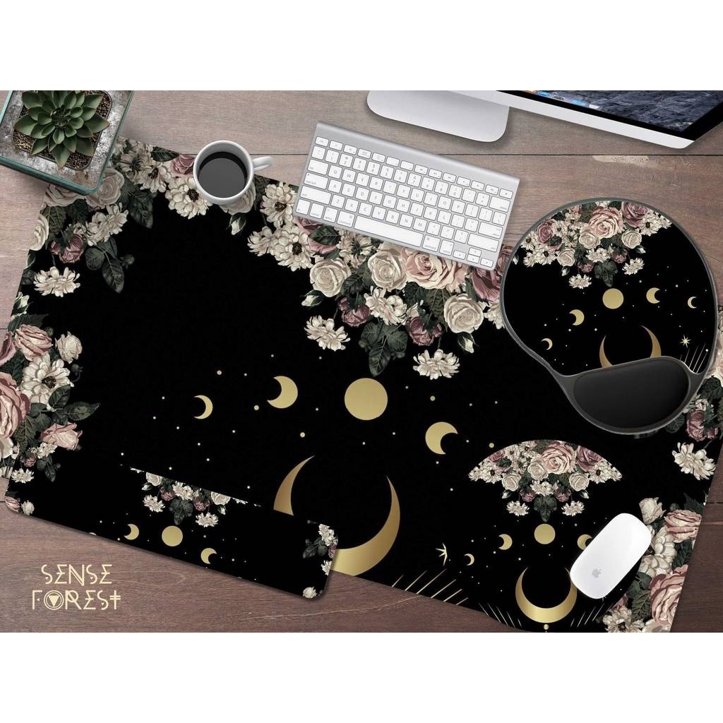 Black Cottagecore pale roses moon phase Occult witch desk mat, witchy ...