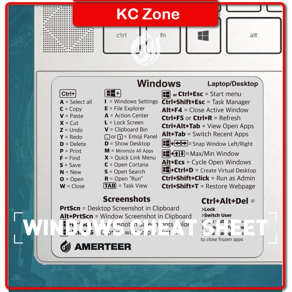 Amerteer Windows Keyboard Reference Shortcut Cheat Sheet Sticker Easy ...