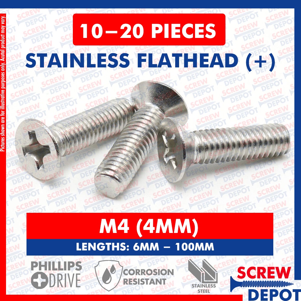 20/10PCS SS Flat Head M4 (4MM) Stainless Flathead Bolt Counter Sunk JF ...