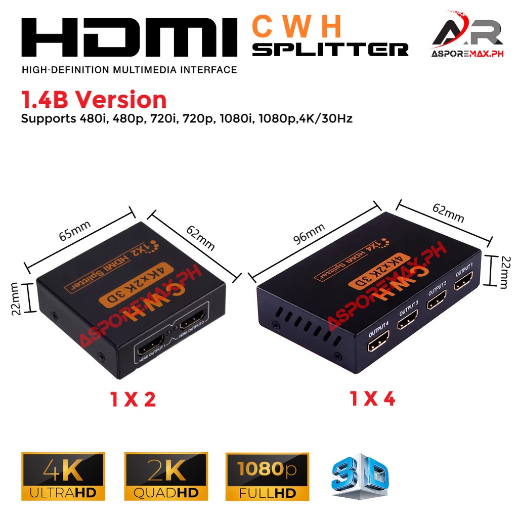 CWH HDMI Splitter HDMI Distributor Adapter Repeater Amplifier 1X2 & 1x4 ...