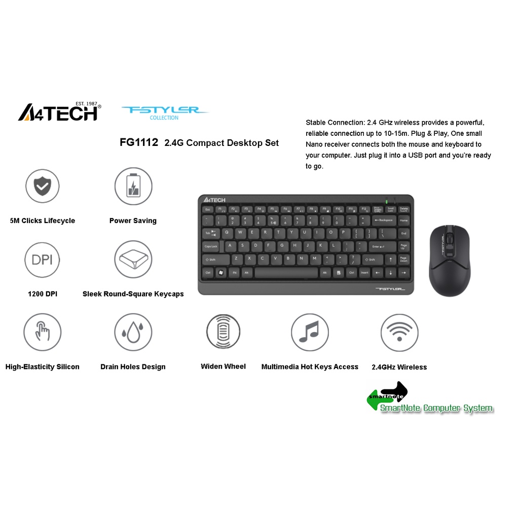 A4TETH FG1112 2.4G Compact Desktop Set Wireless Keyboard Mouse Combo ...