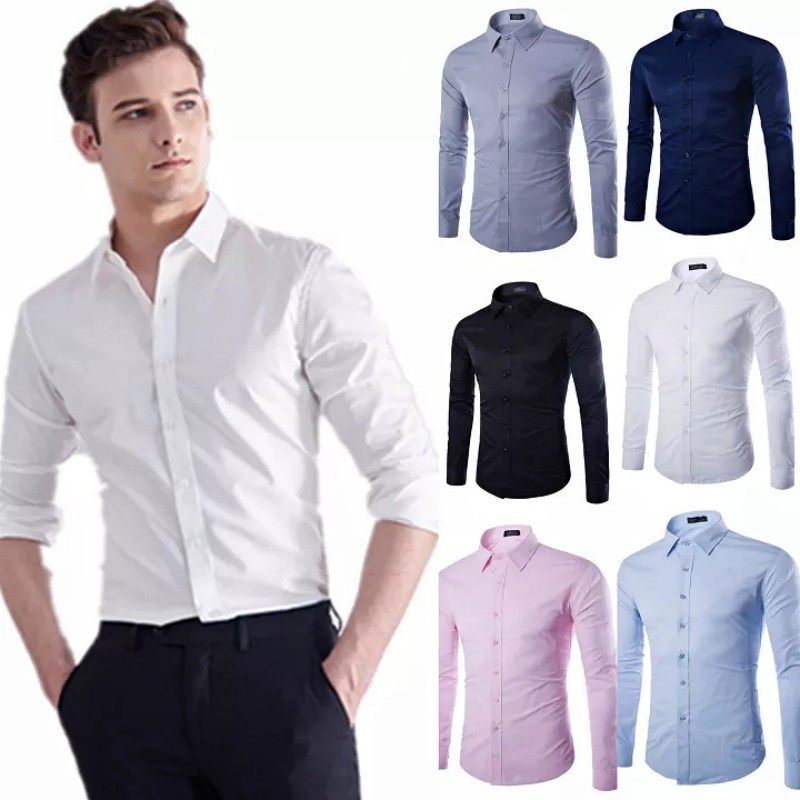 【COD】 Men Shirt Long Sleeve Shirt Plus Size Business Formal Polo Shirt ...