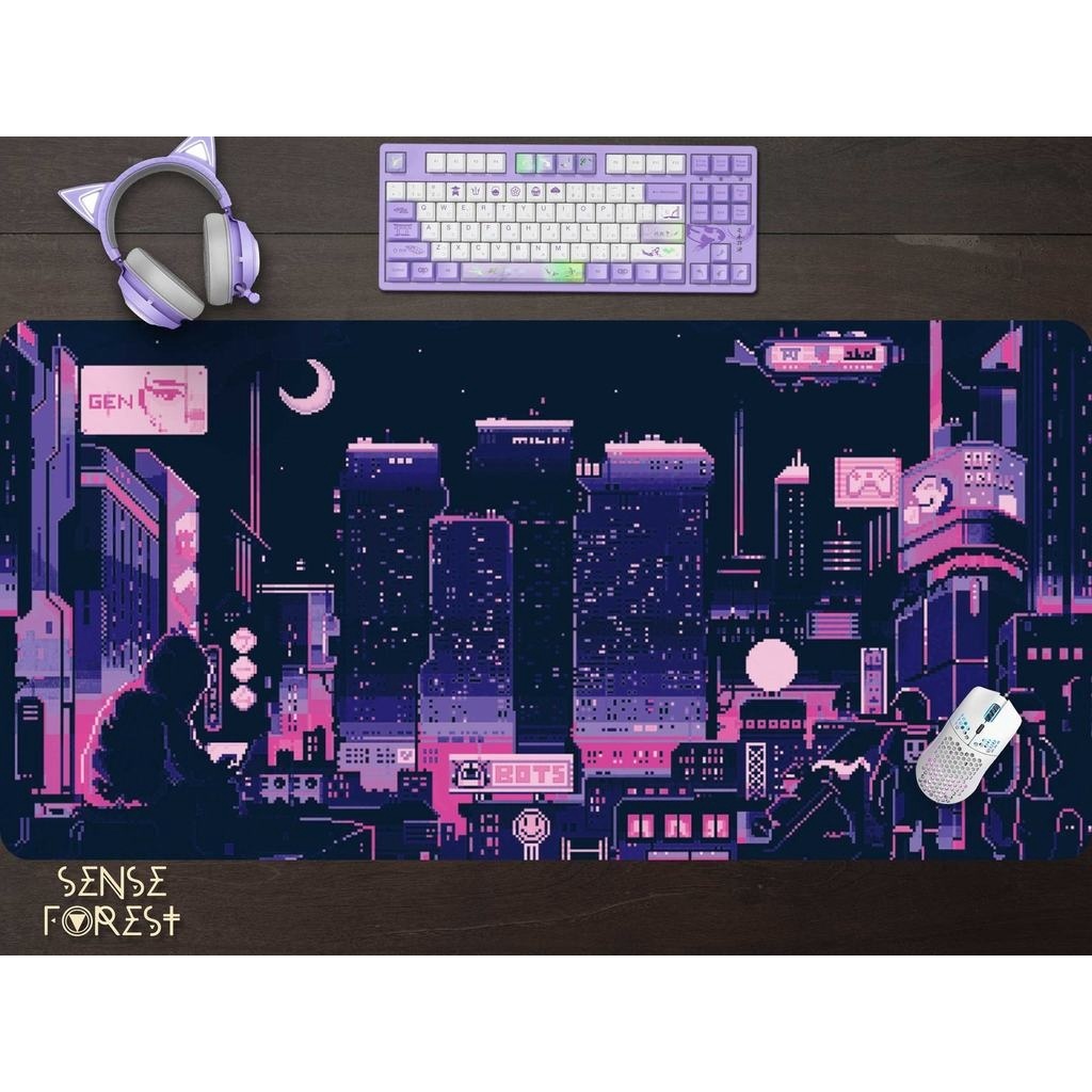 Retro Vaporwave mousepad, neon tokyo street pixel art, Purple Japanese ...