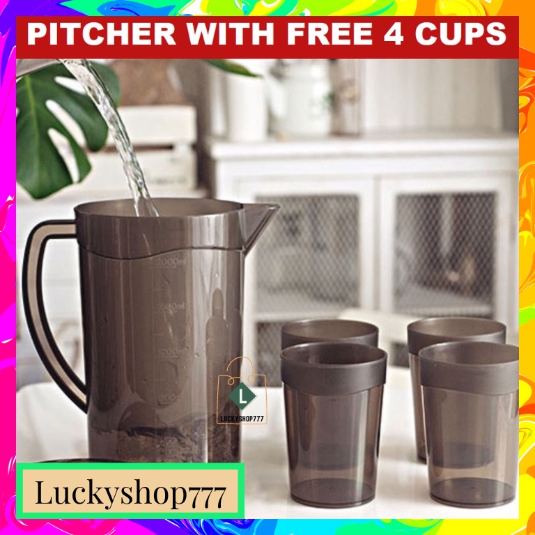 2L Water Pitcher Set w/ Free 4 Cups Large Fiberglass Juice Container ...