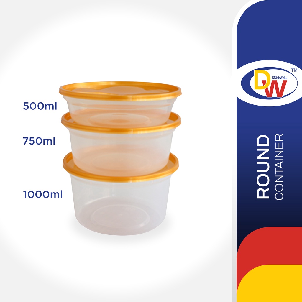Donewell Round Microwavable Food Container Gold Lid 500, 750, 1000 (PER ...