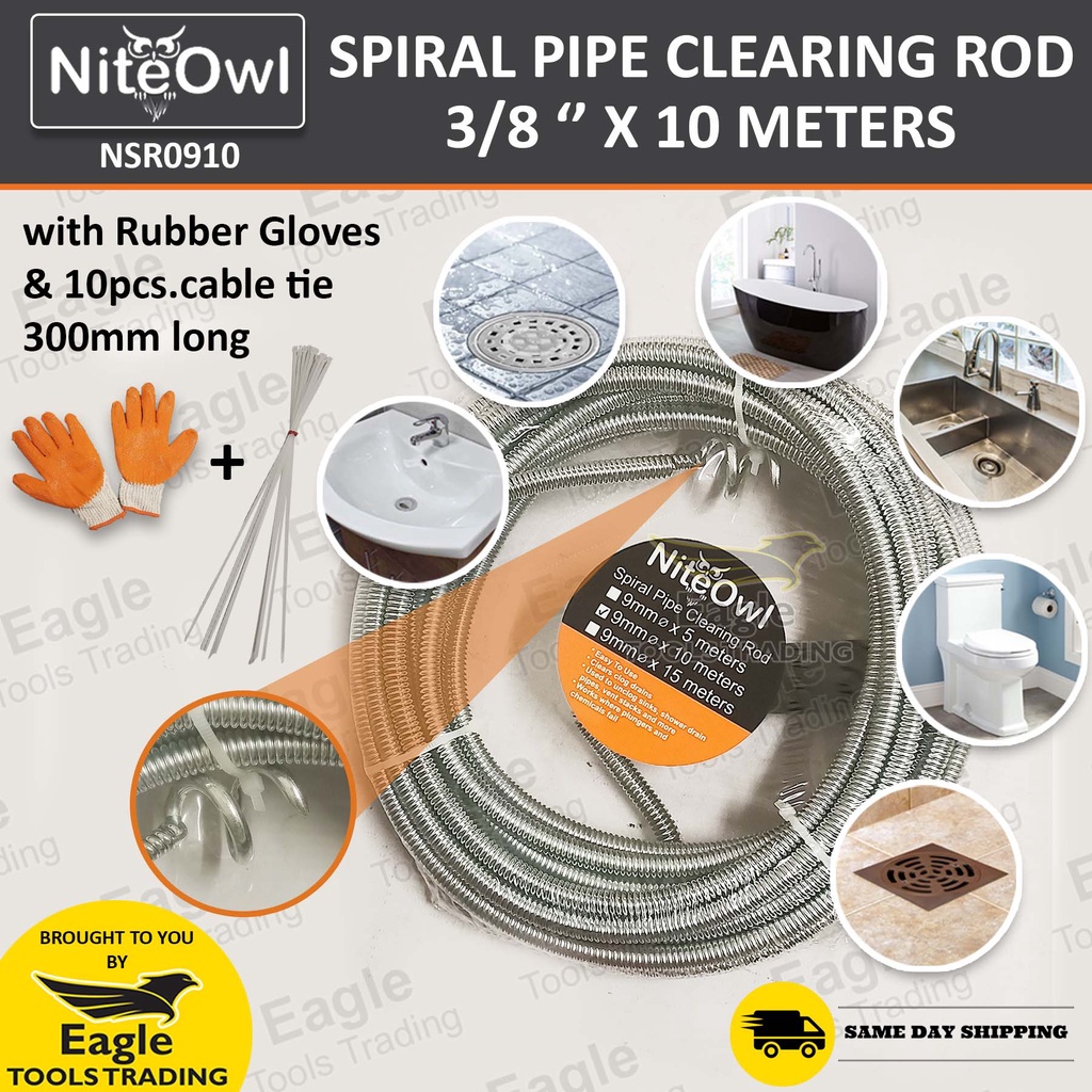 Niteowl Spiral Pipe Clearing Rod 3/8 inch x 10 Meters (9mm x 10m ...