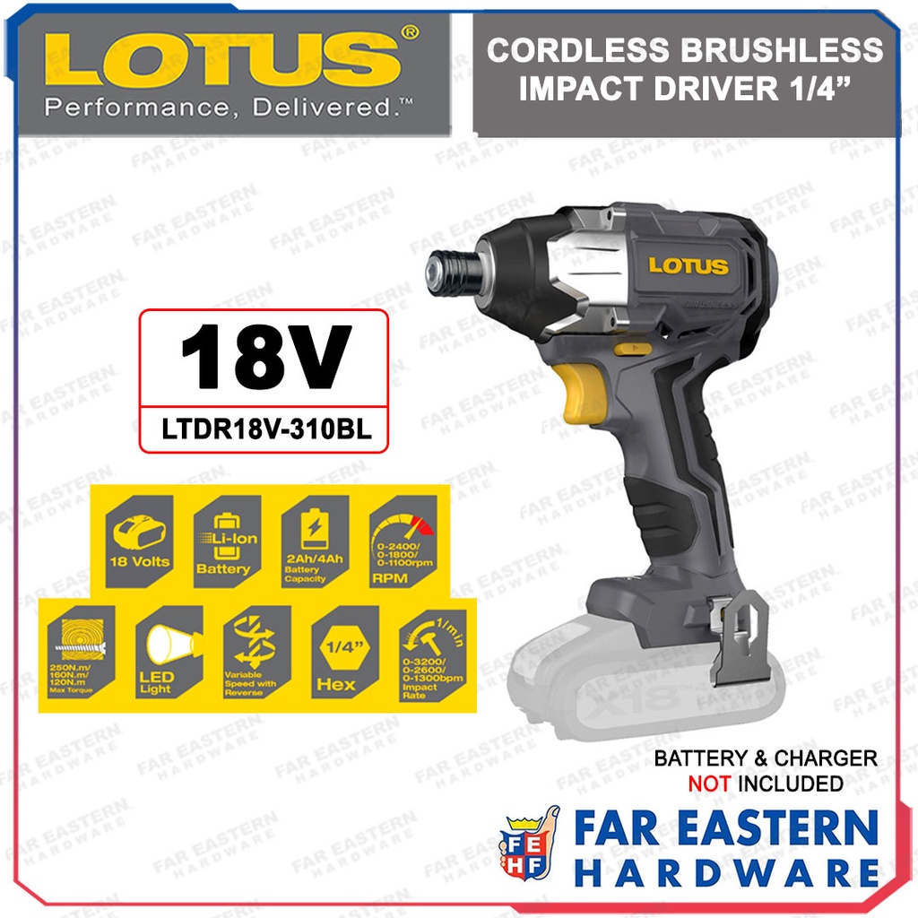 LOTUS Cordless Brushless Impact Driver 18V 1/4" LTDR18V-310BL (BARETOOL ...