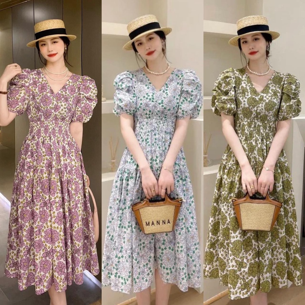 A3052 Melody Fashion Floral Ruched Sleeve V-neck Shirred Waist Flounce ...