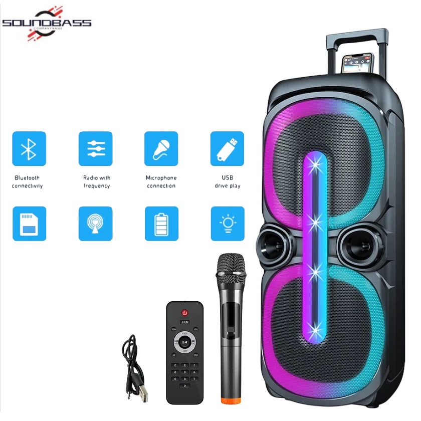 PORTABLE DUAL 10X2 INCH PARTY KARAOKE WIRLIESS BLUETOOTH TROLLY SPEAKER OUTDOOR SUBWOOFER W/FREE ...
