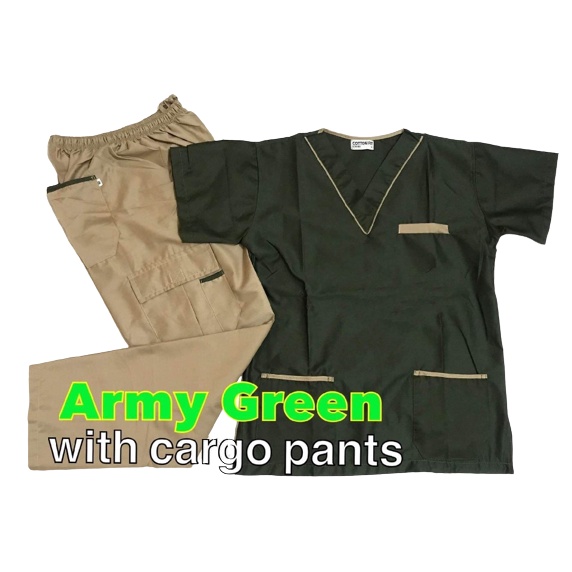 Scrub Suit Set with Piping & Cargo Pants (Army Green) | Shopee Philippines