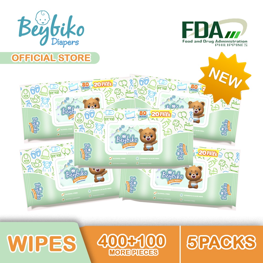 Beybiko Baby Wipes Unscented 80 sheets + 20 sheets free X 5 Pack ...