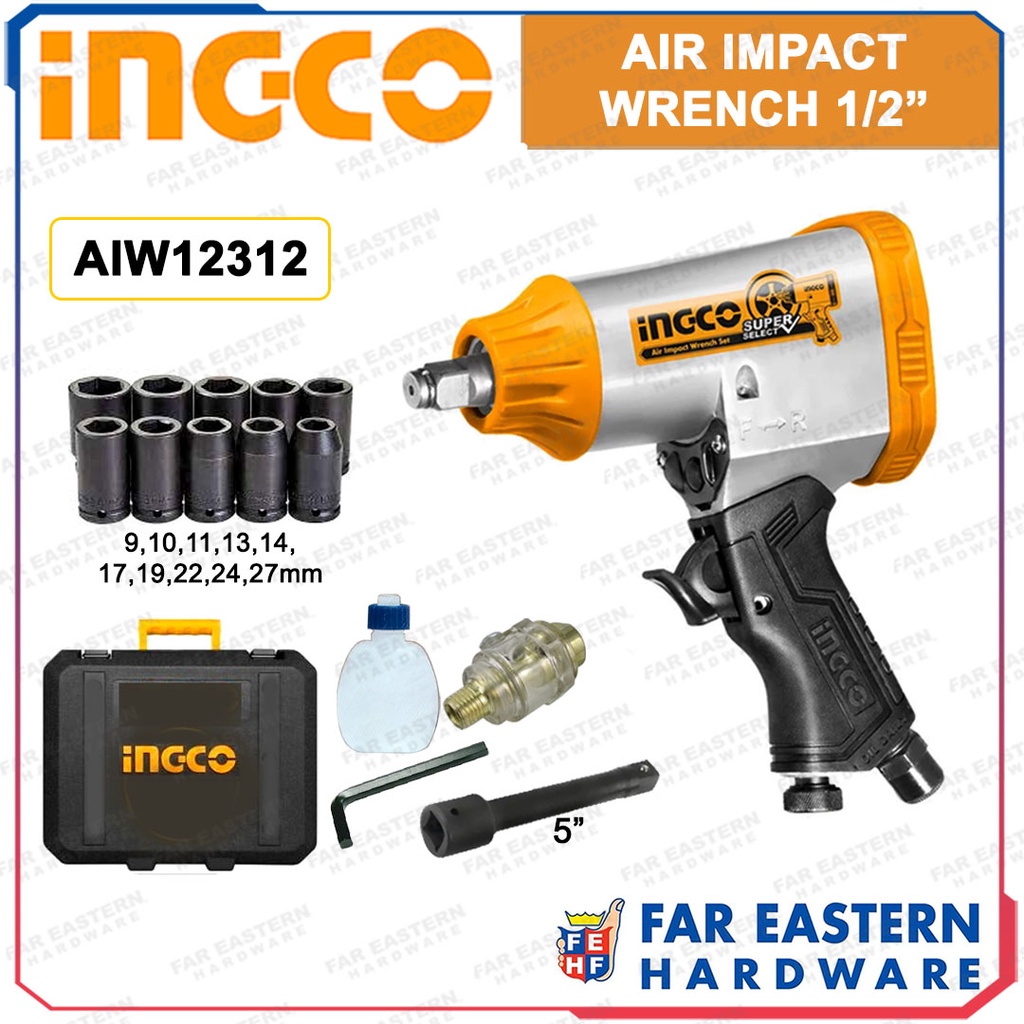INGCO Pneumatic Air Impact Wrench 1/2" Dr w/ Coupling & Socket Wrench for Air Compressor INPTAR ...
