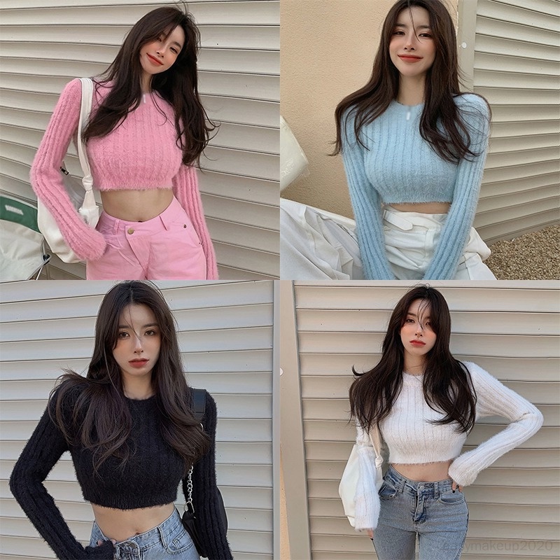 Women's short sweater knitted crop top skinny long sleeve sweater top ...