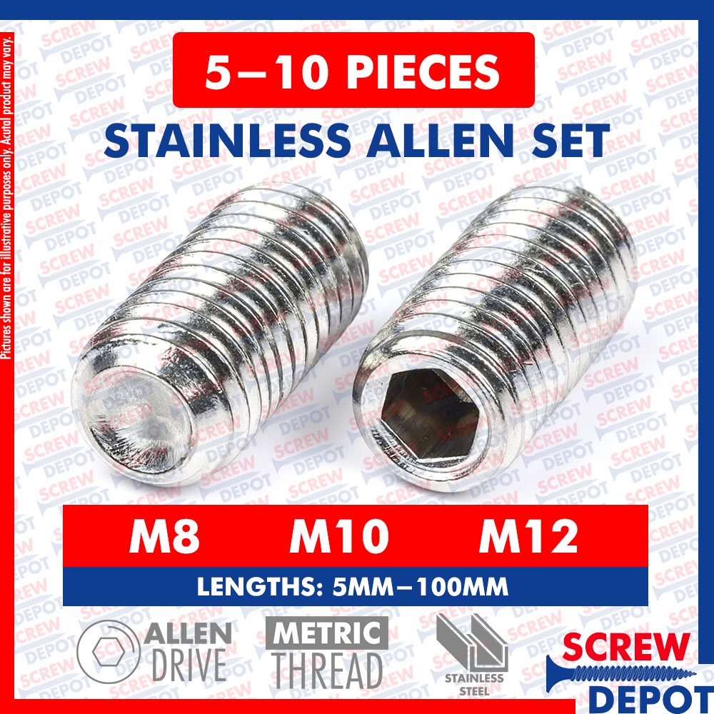 5-10PCS M8 M10 M12 SS Allen Set | Stainless Allen Setscrew Socket Grub ...