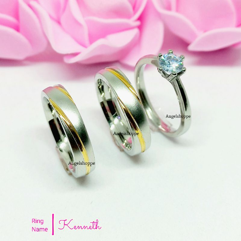 KENNETH 2TONE COUPLE RING SET 3in1 (Wedding ring and Engagement Ring ...
