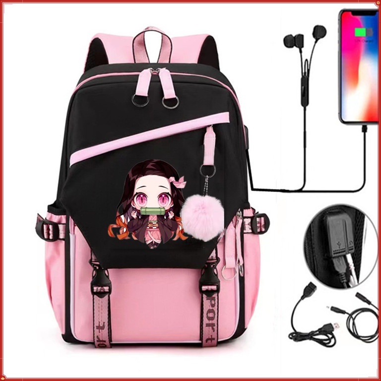 HJ Backpack Demon Slayer nezuko USB Charging School Demons For Female ...