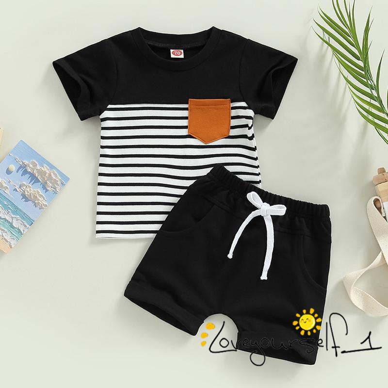 B930G-Toddler Boy Summer Clothes Set, Short Sleeve Round Neck Stripe ...