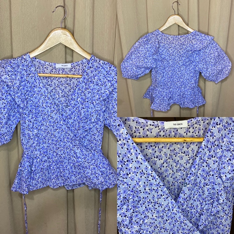 Puff sleeves ruffle wrap top S-M (preloved) | Shopee Philippines