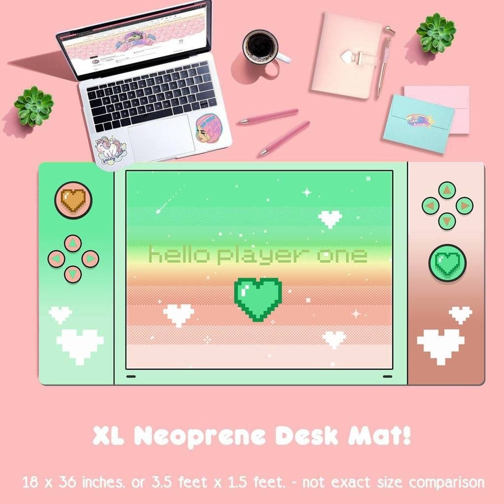 Mint and Peach Gamer Hello Player One Deskmat - 18 x 36, Extra Large ...