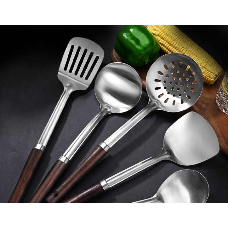 Stainless Steel Cooking Utensils Ladles Spatulas Style Wood Handle ...