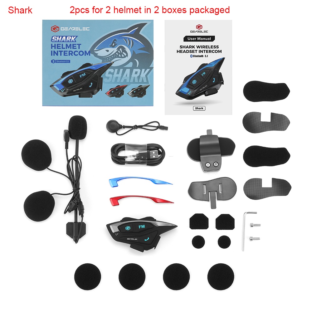 GEARELEC Shark Bluetooth Motorcycle Intercom Helmet Headset 1000m ...