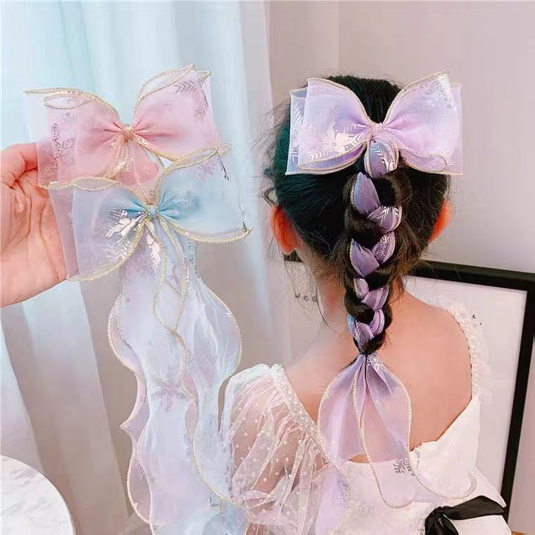 Girls Hair Accessories Clip Chiffon Ribbon Frozen Elsa Mesh Belt For ...