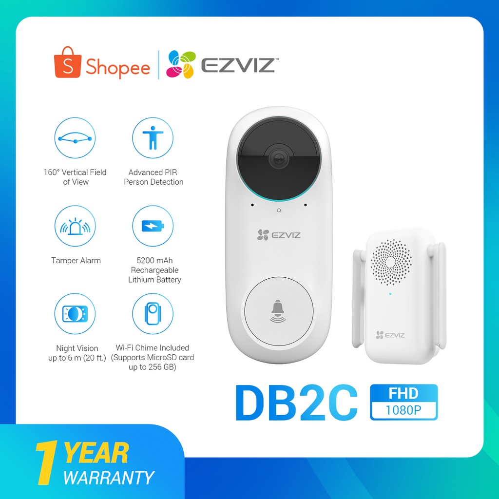 EZVIZ DB2 3MP 2K Smart Battery Video Doorbell with AI Human Detection ...