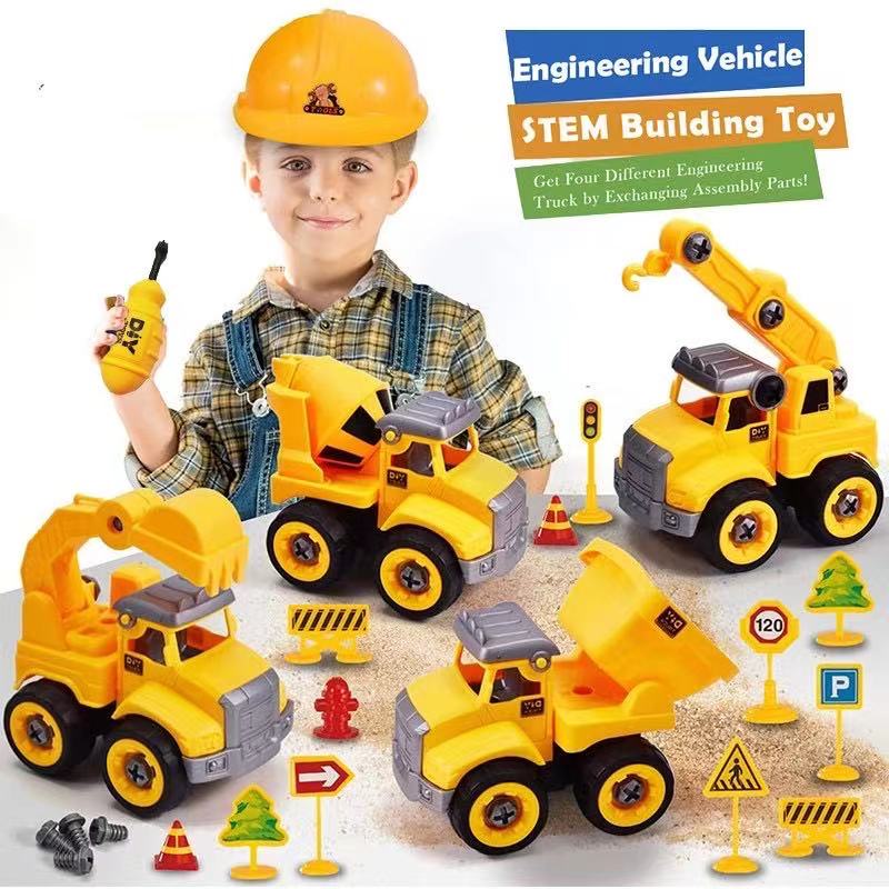 4Pcs/Set Construction DIY Block Engineer Vehicle Dumper Mixer Excavator ...